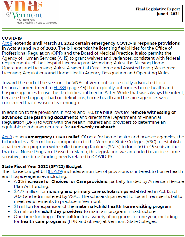 VNAs of Vermont releases final legislative report | Vermont Business ...